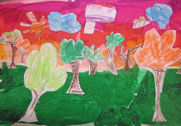 Making landscape pictures with tissue paper for backgrounds