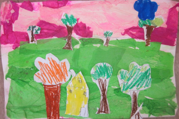 Making landscape pictures with tissue paper for backgrounds