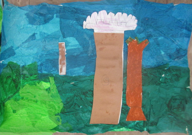 Making landscape pictures with tissue paper for backgrounds